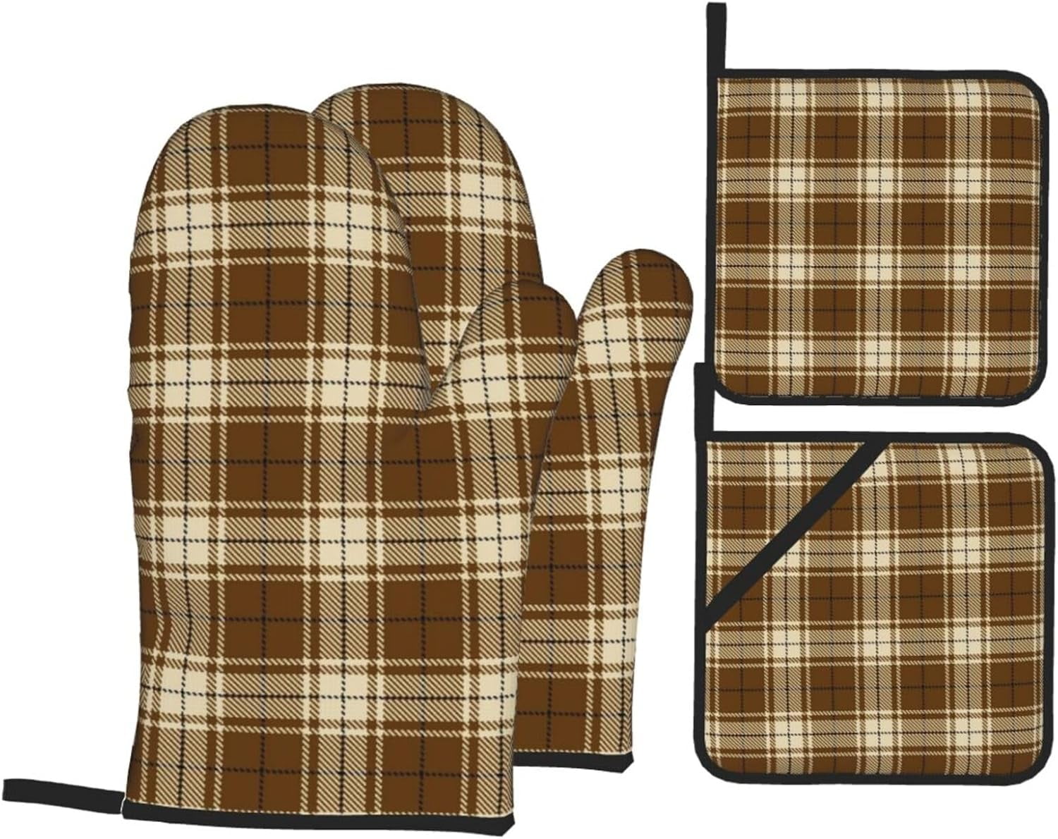 Brown White and Black Plaid Oven Mitts and Pot Holders 4 Pcs Set,High ...