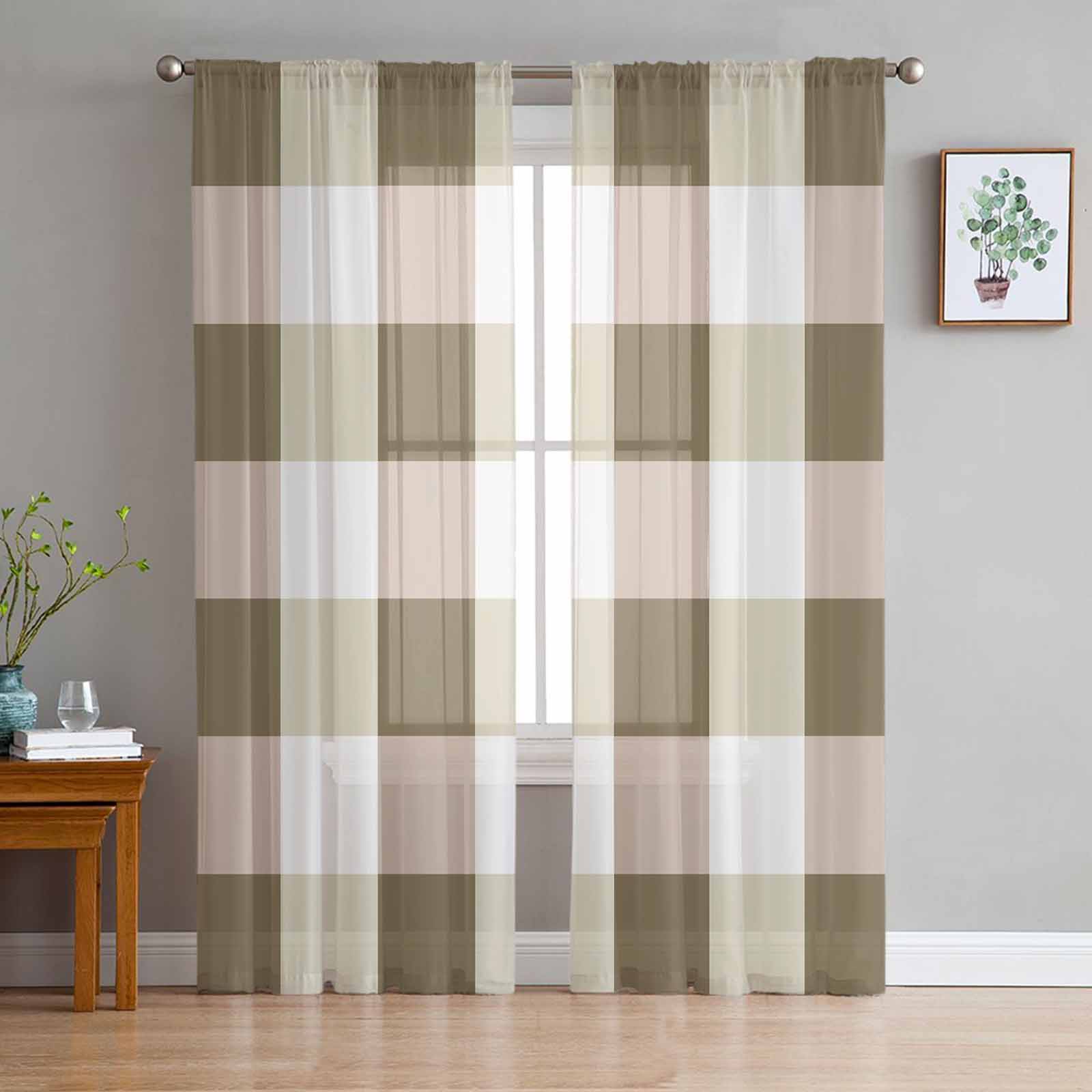 Brown White Buffalo Check Semi Sheer Window Curtains 108 Inches Long ...