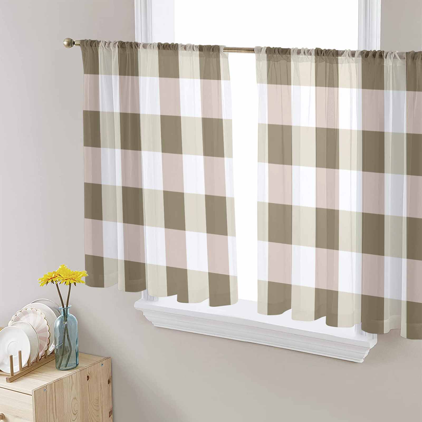 Brown White Buffalo Check Semi Sheer Window Curtains 54 Inches Long ...