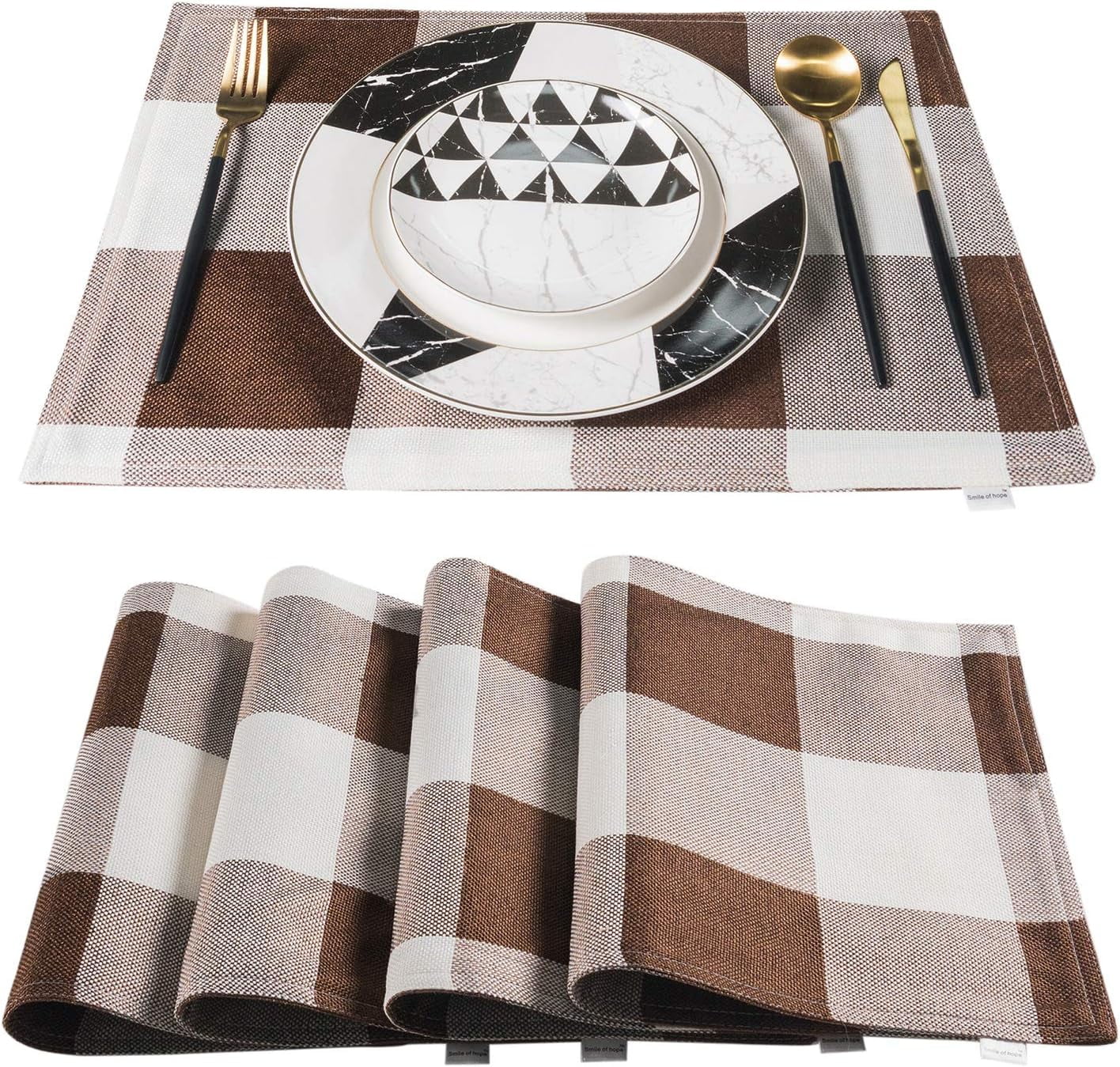 Brown White Buffalo Plaid Placemats 12 x 18 Inches Set of 4, Linen ...