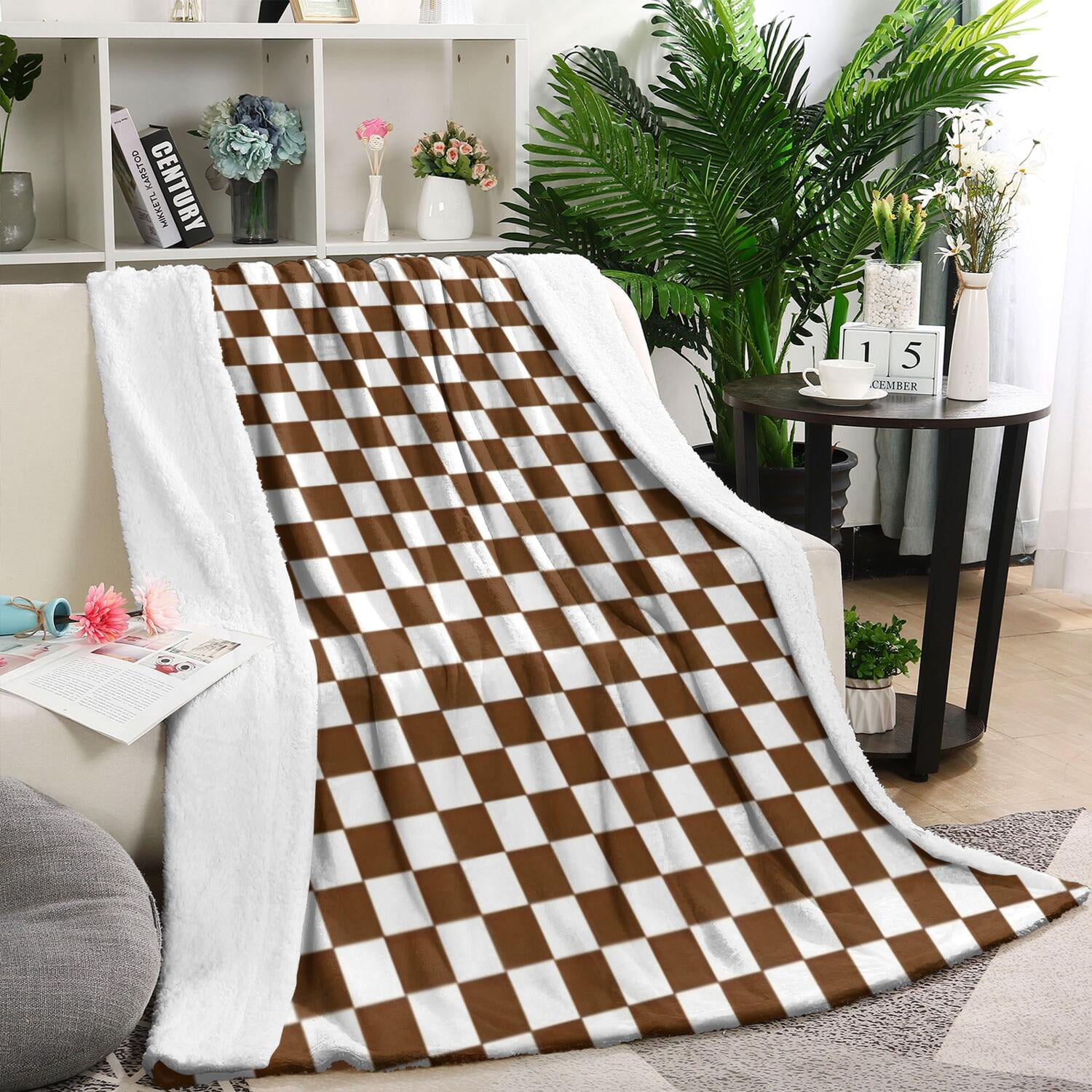 Brown and White Checkerboard Pattern Blanket,Comfortable Soft Flannel ...
