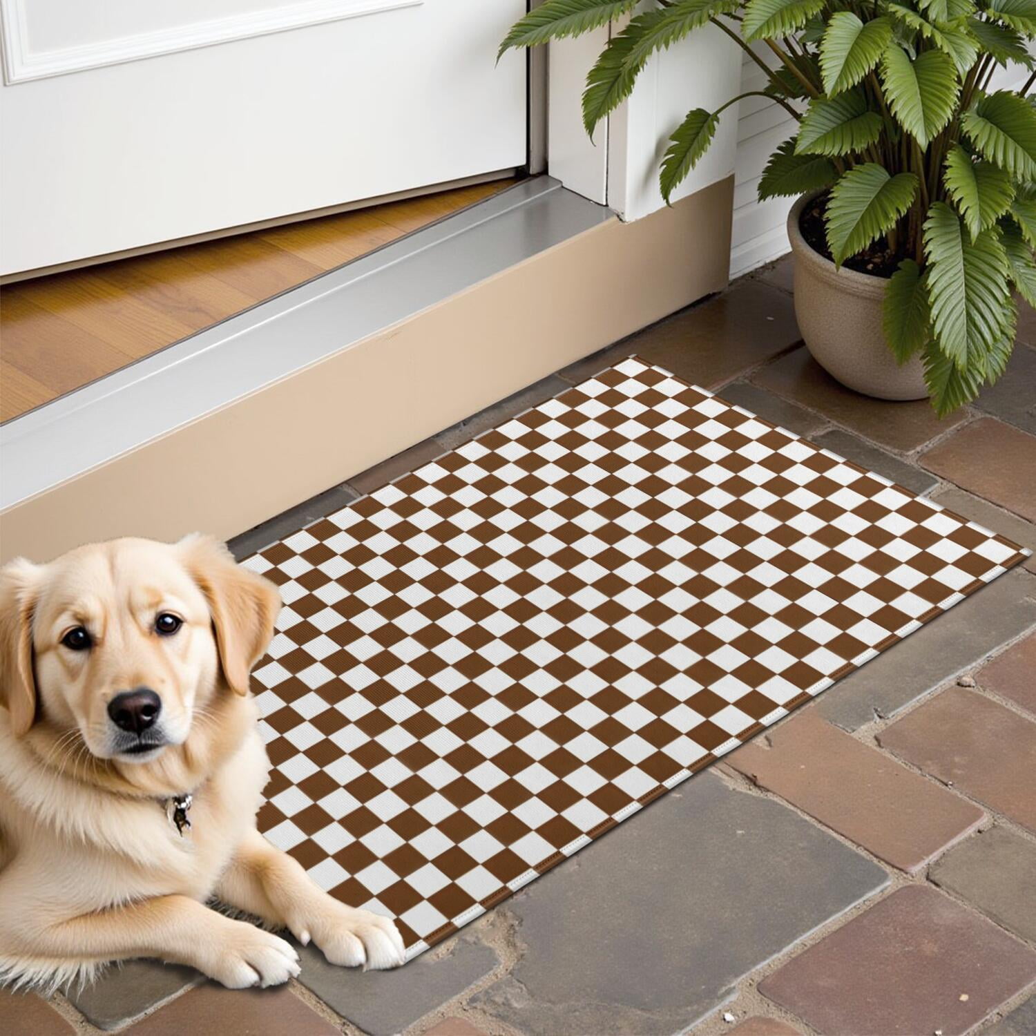 Brown and White Checkerboard Pattern Door Rugs,Washable Non Slip Door ...
