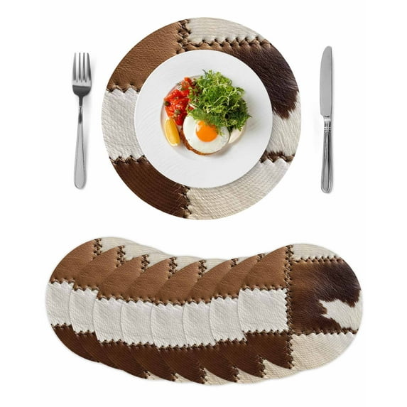 Brown White Cowhide Print Round Table Placemats set of 8, Abstract Cow ...