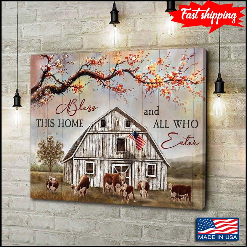 Brown & White Cows On Farm With American Flag Bless This Home And All Who Enter 24 x 36 Inch ...