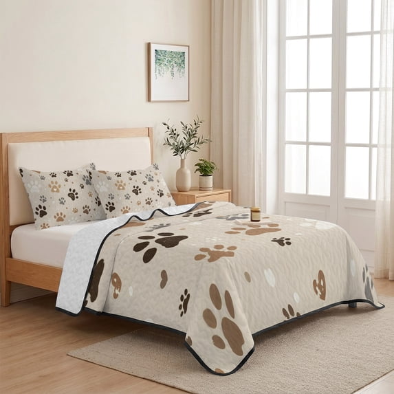 Brown White Dog Paw Prints 3 Pieces Quilt Set,1 Quilt with 2 Shams,Cute ...