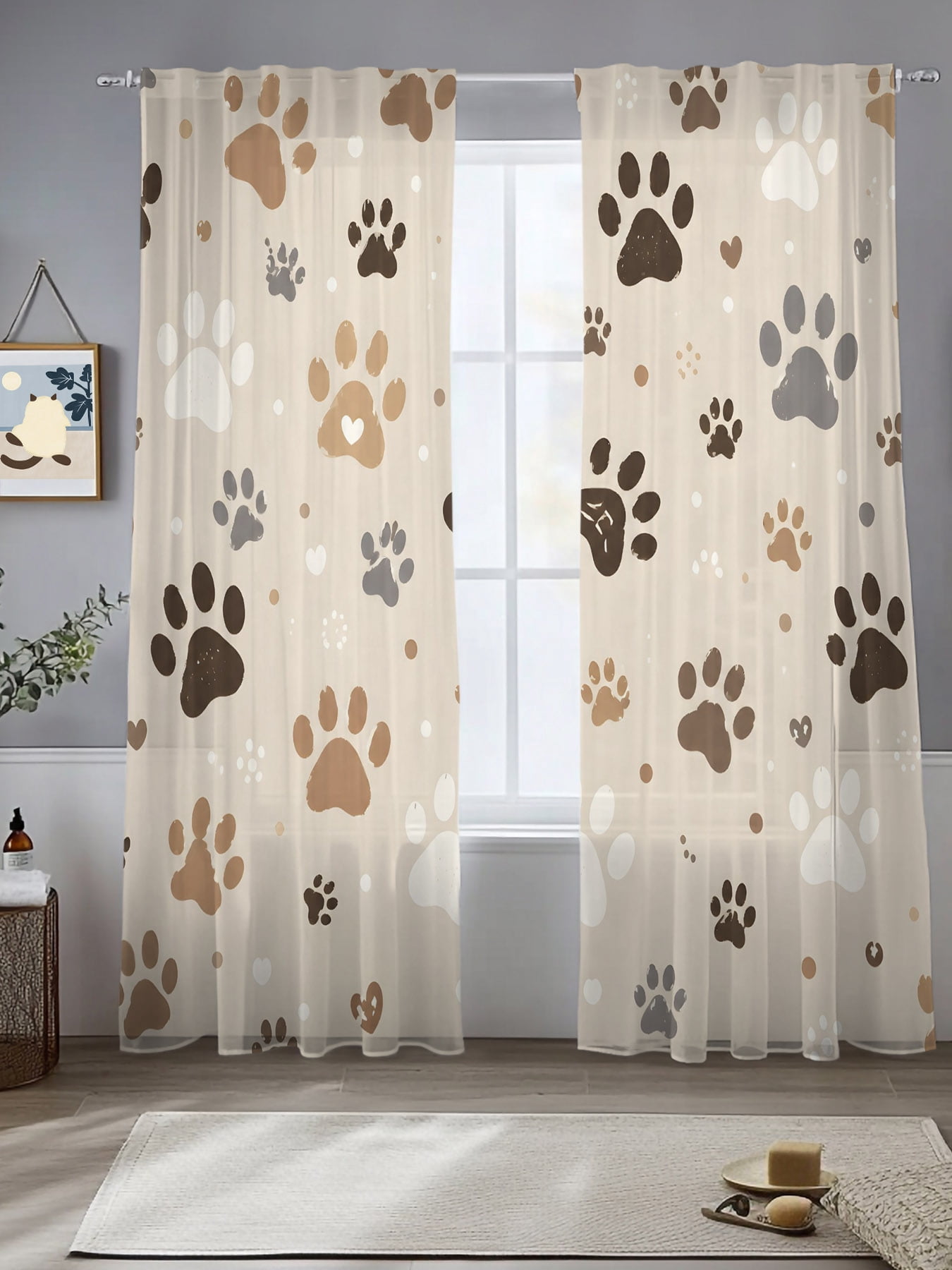 Brown White Dog Paw Prints Chiffon Sheer Curtains 84 Inches Long Cute ...