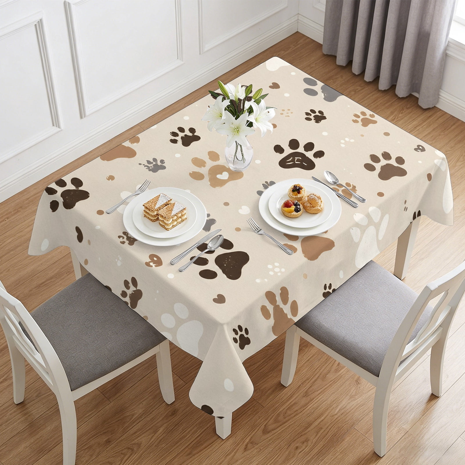 Brown White Dog Paw Prints Table Cloth 60x84in, Waterproof Rectangle ...