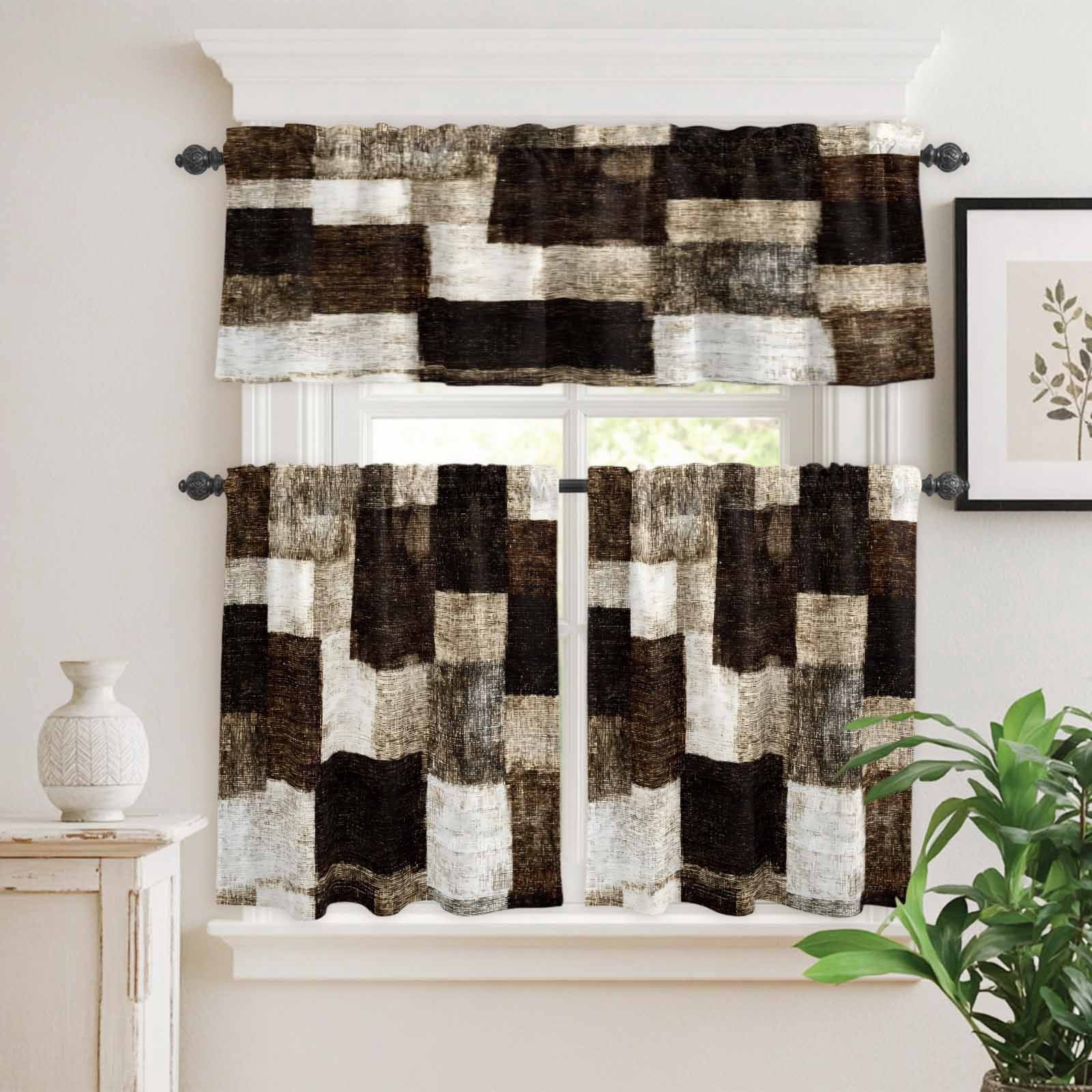 Brown White Gradient Farm Curtain Tier and Valance Set 3 Piece,Abstract ...