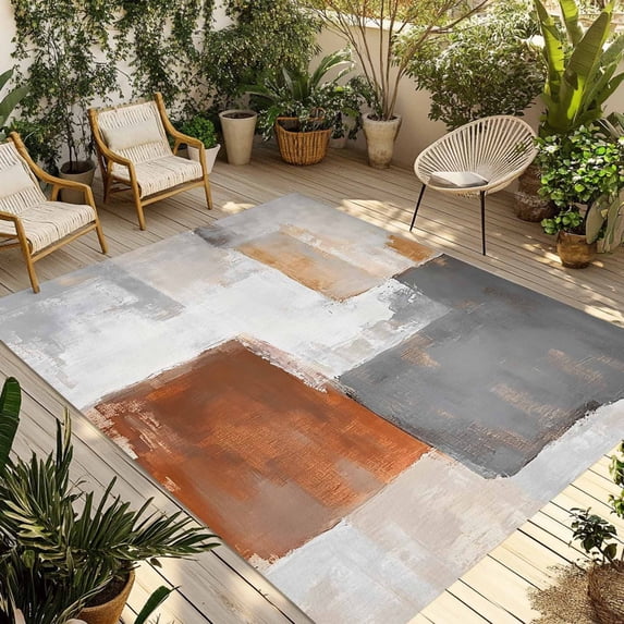 Brown White Gray Oil Painting Outdoor Rug, Abstract Art Non-Slip Area ...