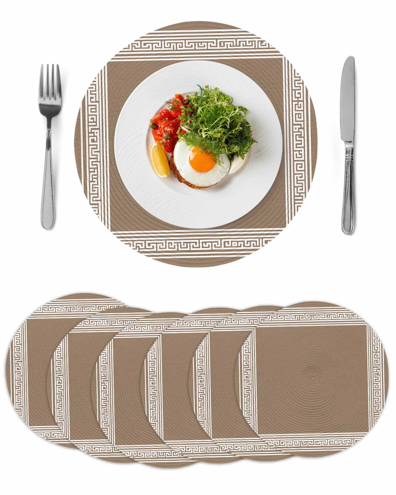 Brown White Greek Key Pattern Round Table Placemats set of 6, Geometric ...