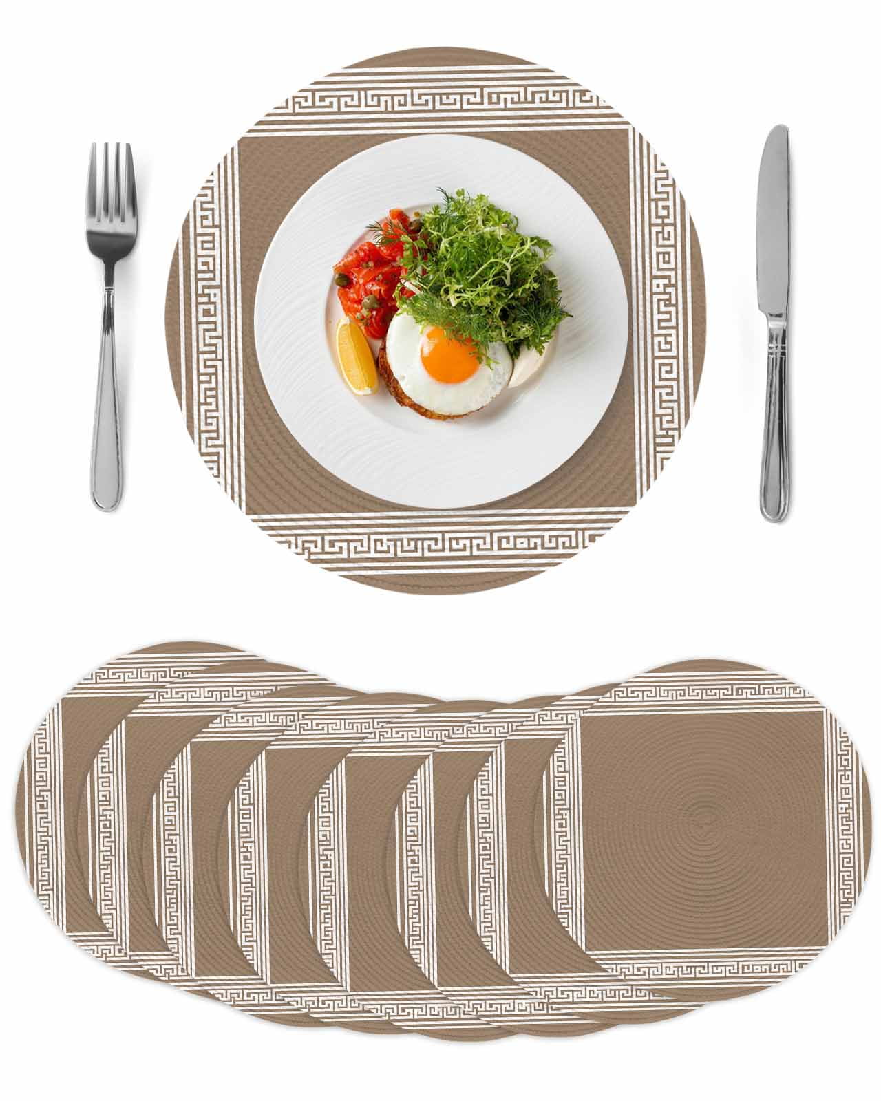 Brown White Greek Key Pattern Round Table Placemats set of 8, Geometric ...