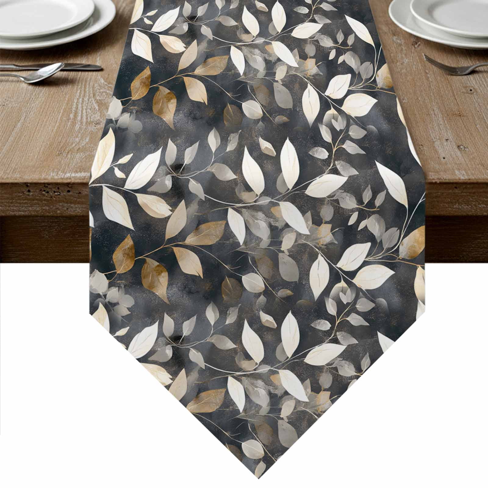 Brown White Leaves Table Runner Linen Burlap Table Runner 60 Inches ...