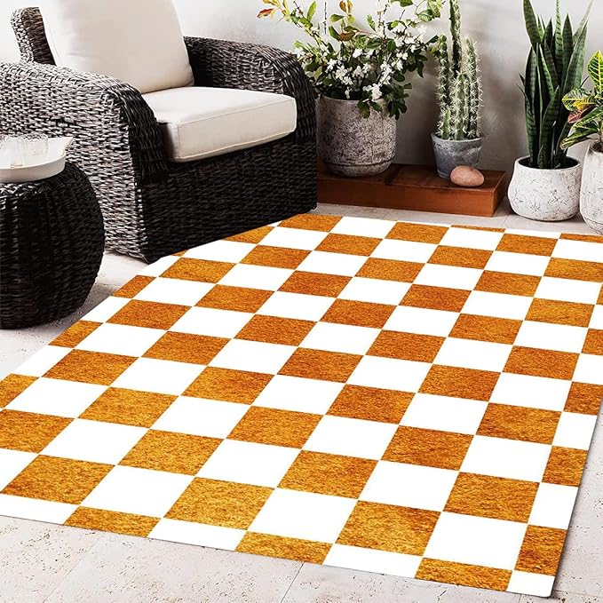 Brown White Modern Checkered Pattern Area Rugs Soft Washable Plaid ...