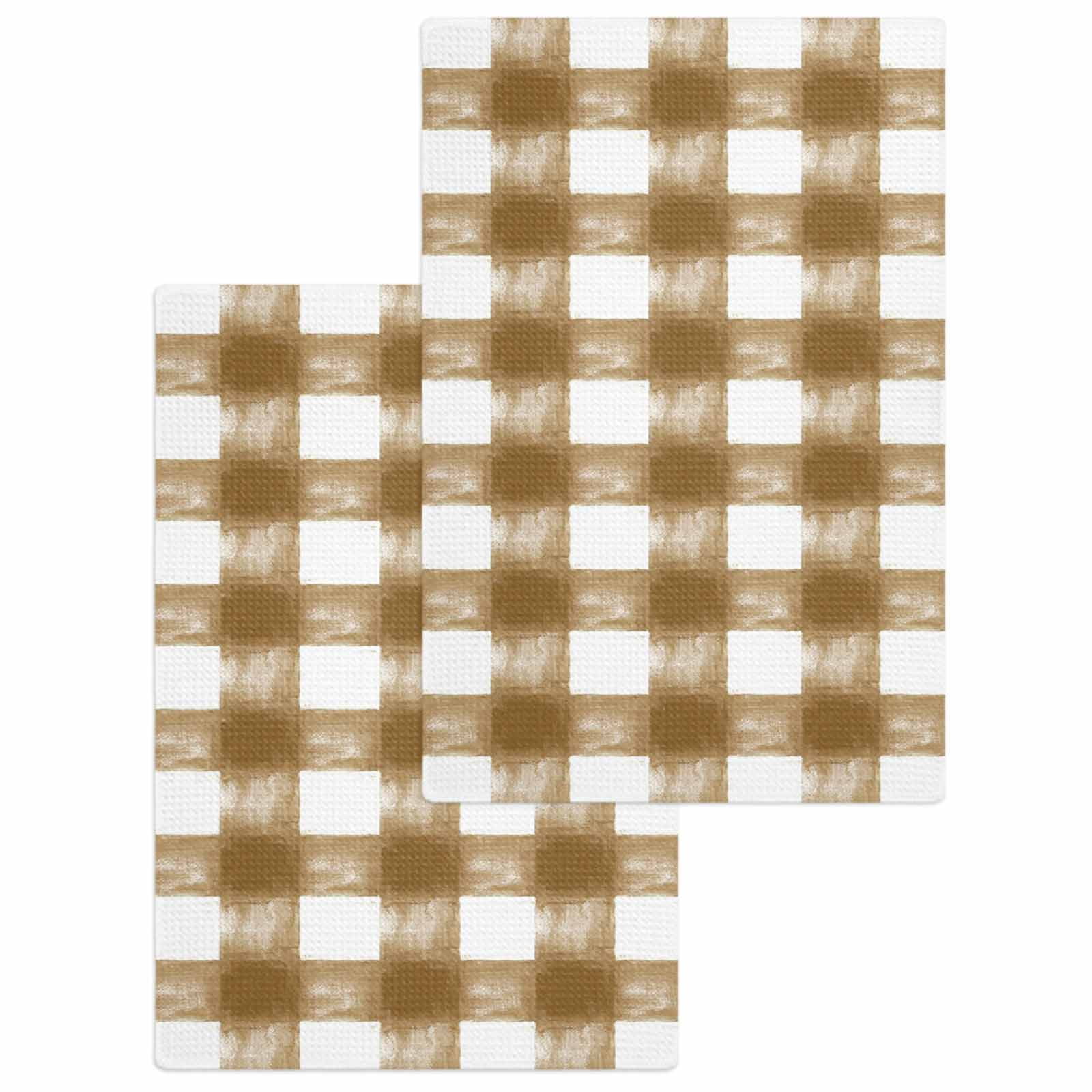 Brown White Plaid Hand Towels Set, Waffle Weave Kitchen Towels 2 Pieces ...