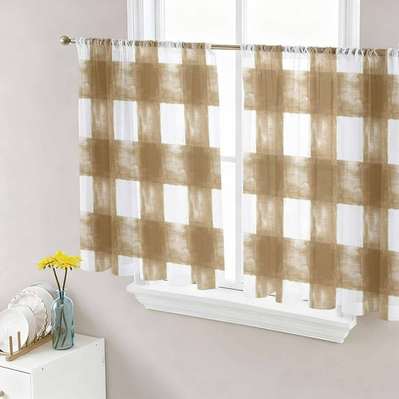 Brown White Plaid Semi Sheer Curtains 45 Inch Length 2 Panels Set ...
