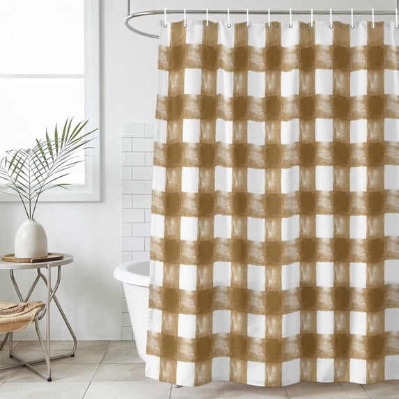 Brown White Plaid Waterproof Fabric Shower Curtain,Watercolor Farmhouse ...