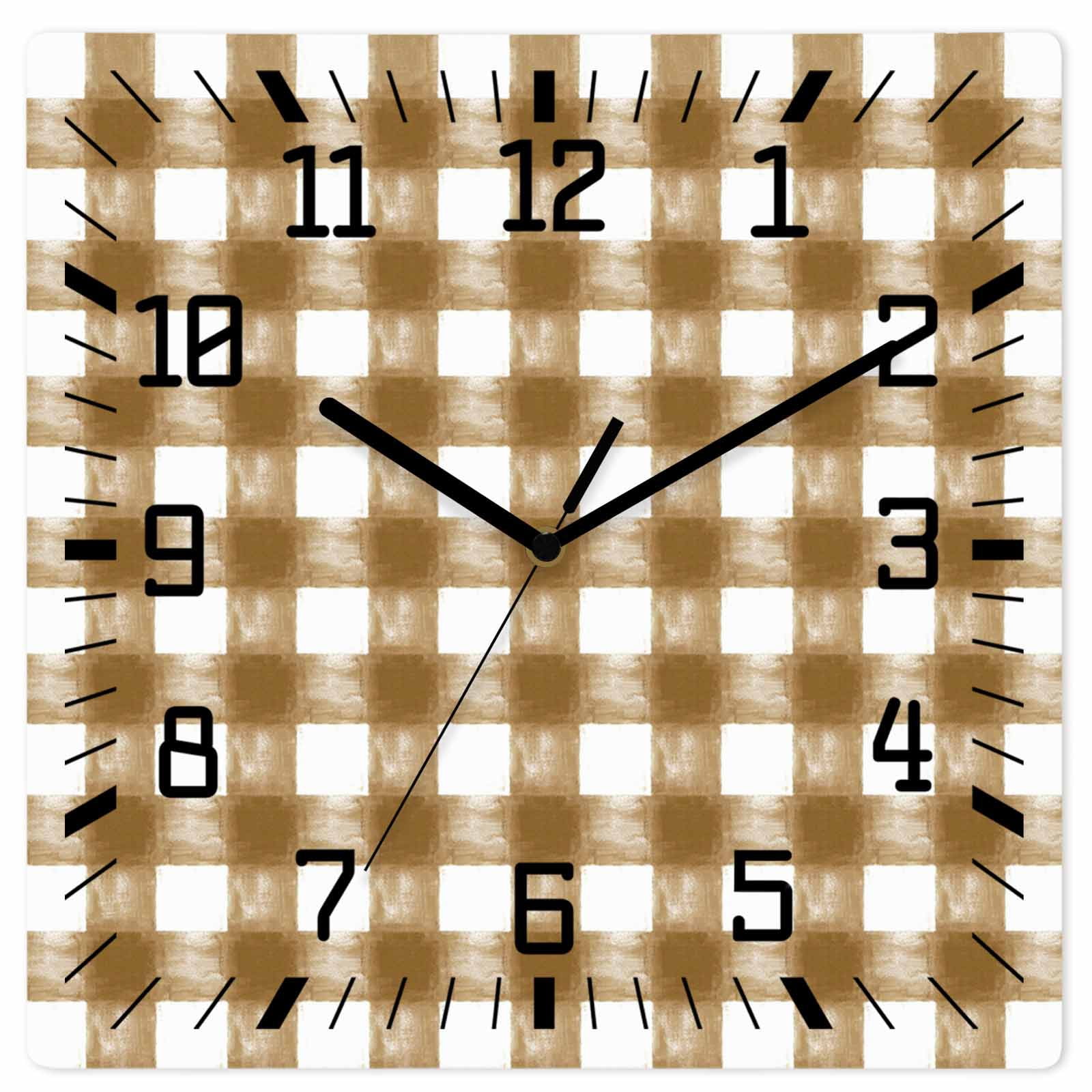 Brown White Plaid Wooden Wall Clock Silent Non Ticking, Watercolor ...