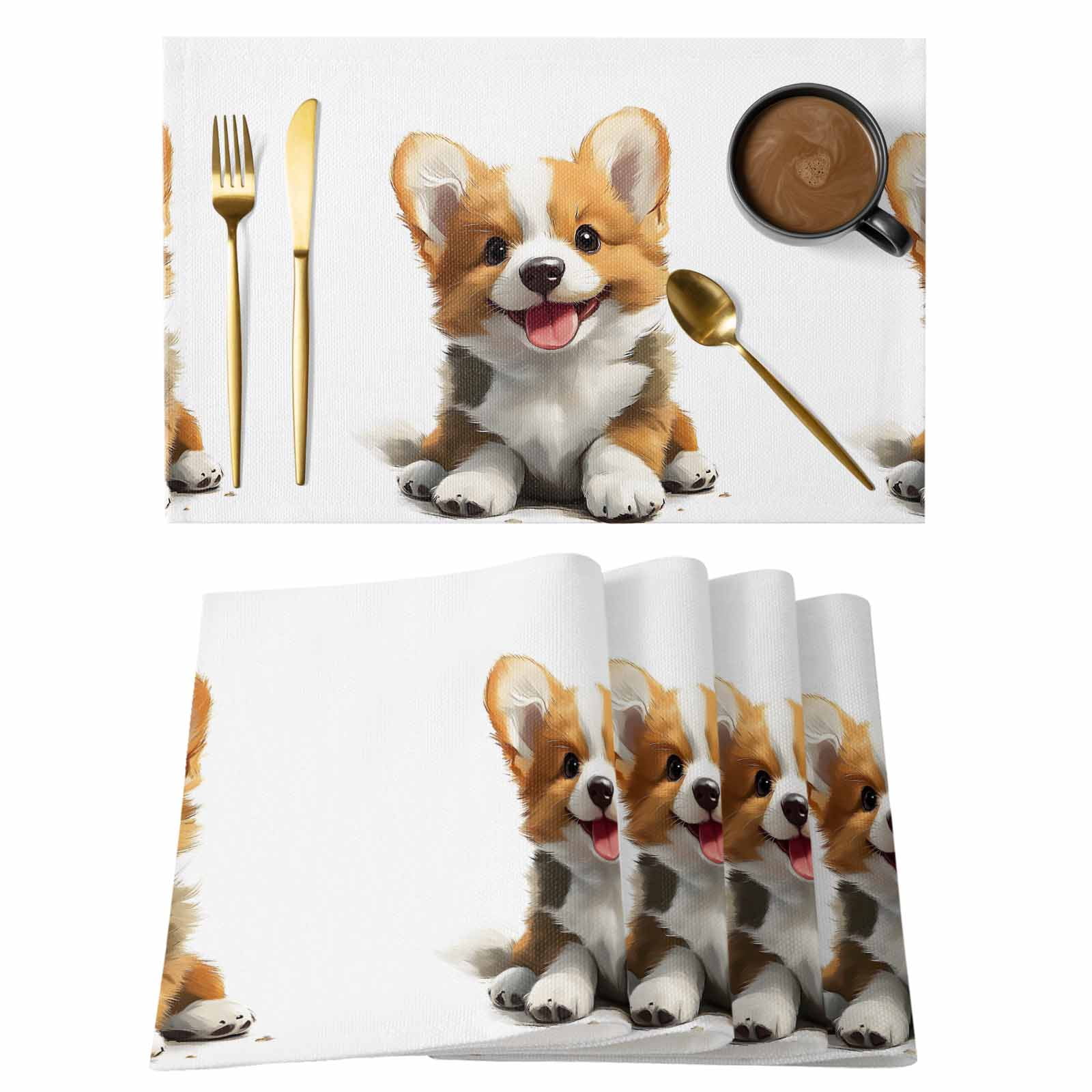 Brown White Puppy Placemats Set of 6 Modern Cute Watercolor Dog Cartoon ...