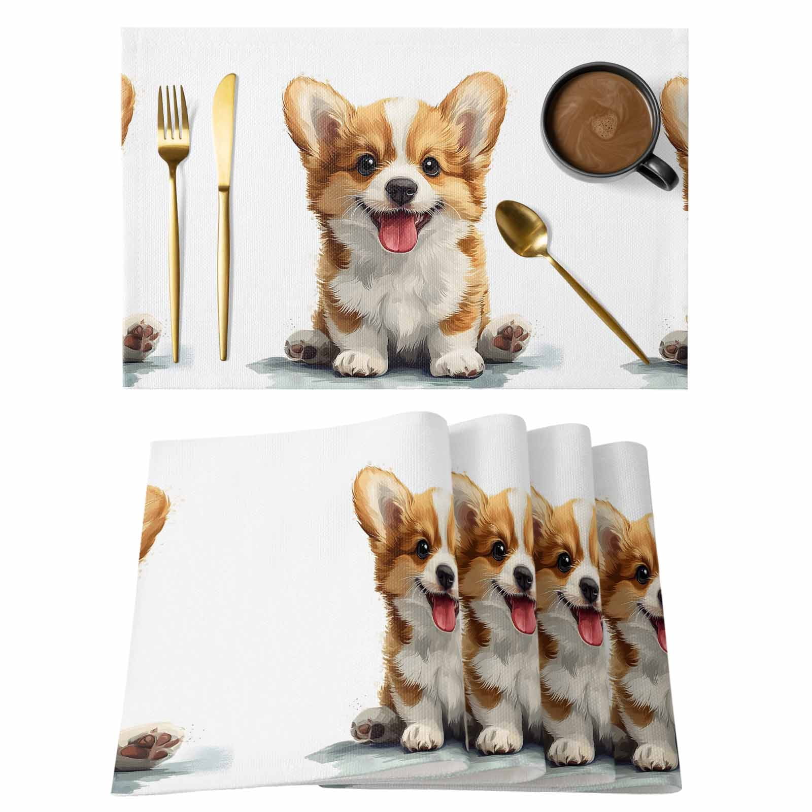Brown White Puppy Placemats Set of 8 Watercolor Smile Dog Modern Place ...