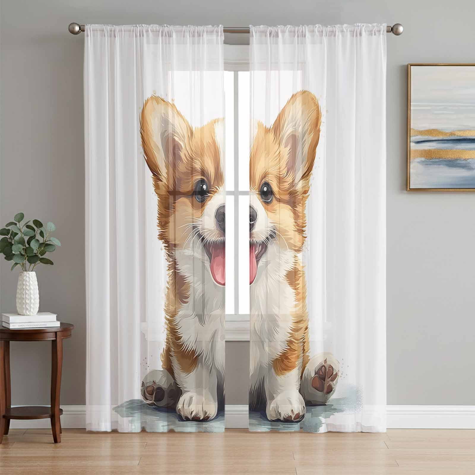Brown White Puppy Sheer Curtains 63 Inch Length 2 Panels Set ...