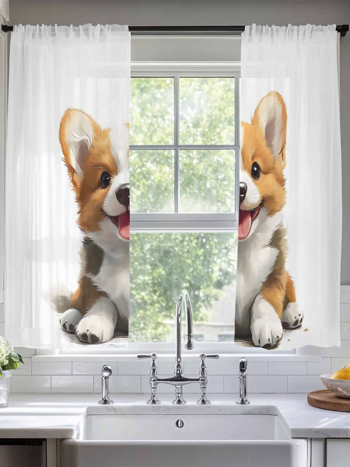 Brown White Puppy Sheer Curtains for Living Room Bedroom Modern Cute ...