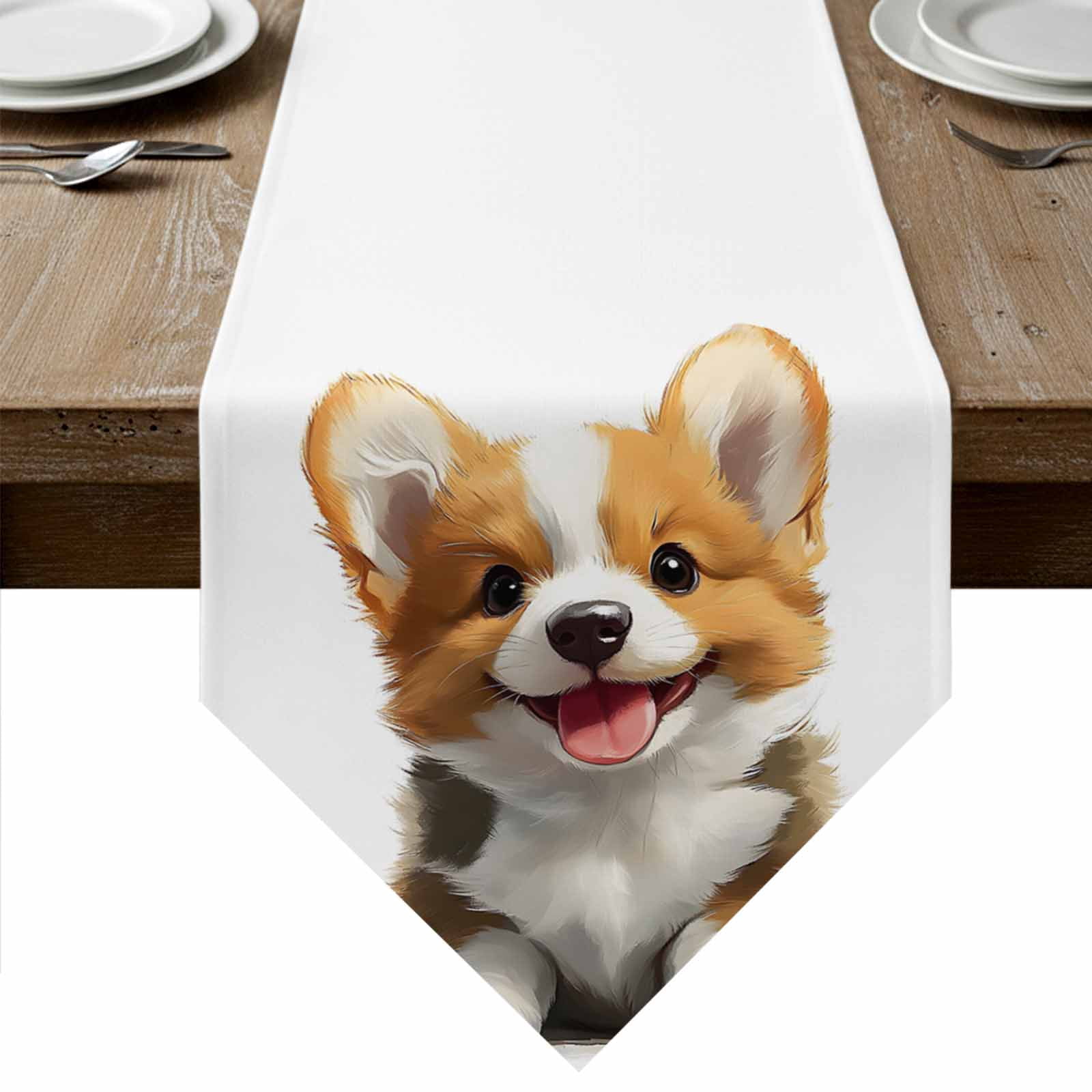 Brown White Puppy Table Runner Linen Burlap Table Runner 72 Inches Long ...