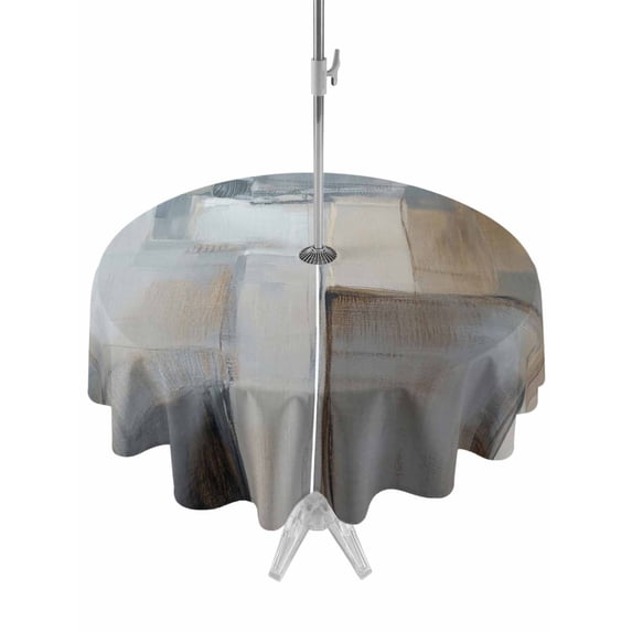 Brown White Round Outdoor Tablecloth with Umbrella Hole Abstract Art ...