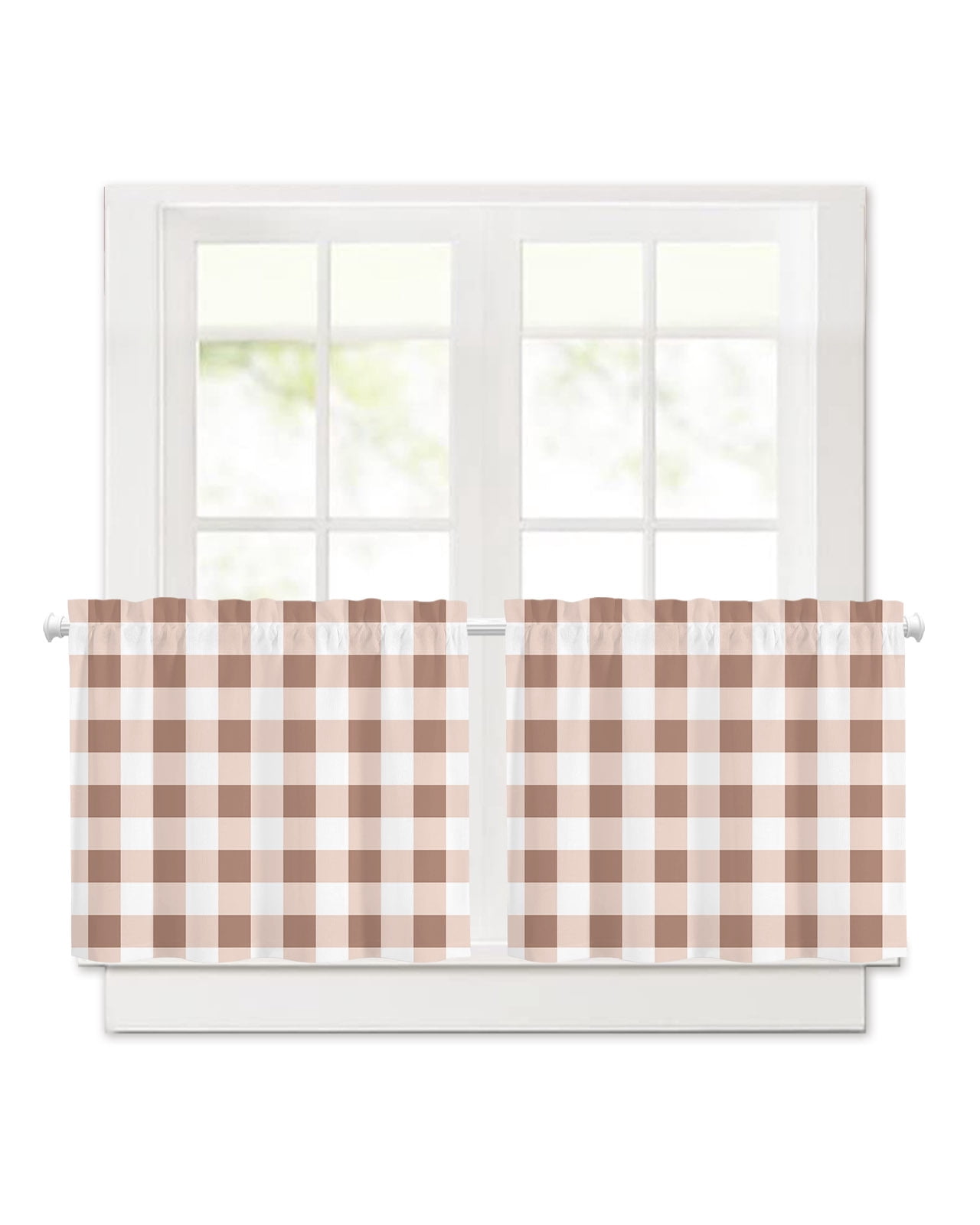 Brown White Square Plaid Short Blackout Curtains 30 Inch Long,Lines ...