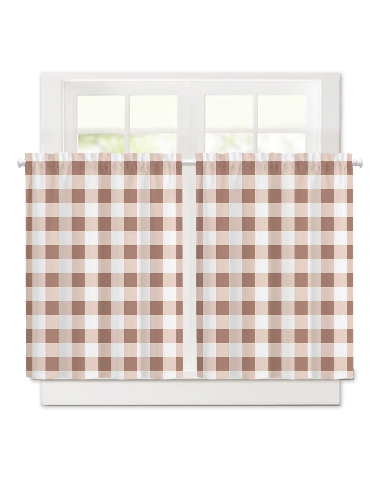 Brown White Square Plaid Short Blackout Curtains 36 Inch Long,Lines ...
