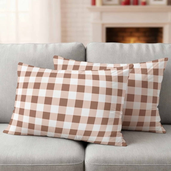 Brown White Square Plaid Waterproof Throw Pillow Covers Set of 2 Lines ...