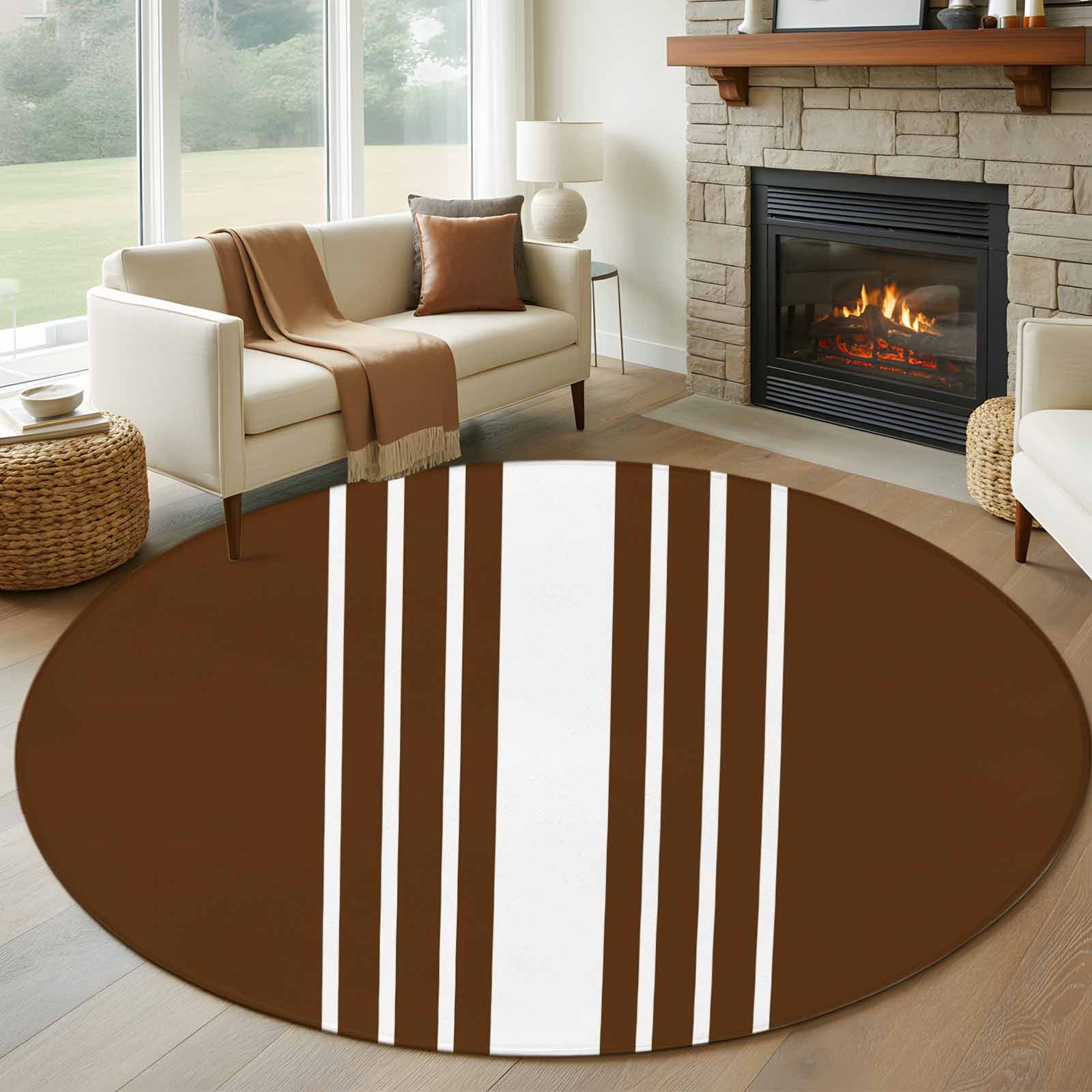 Brown White Stripe Round Area Rug 6 FT, Non Slip Bedroom Rugs, Modern ...