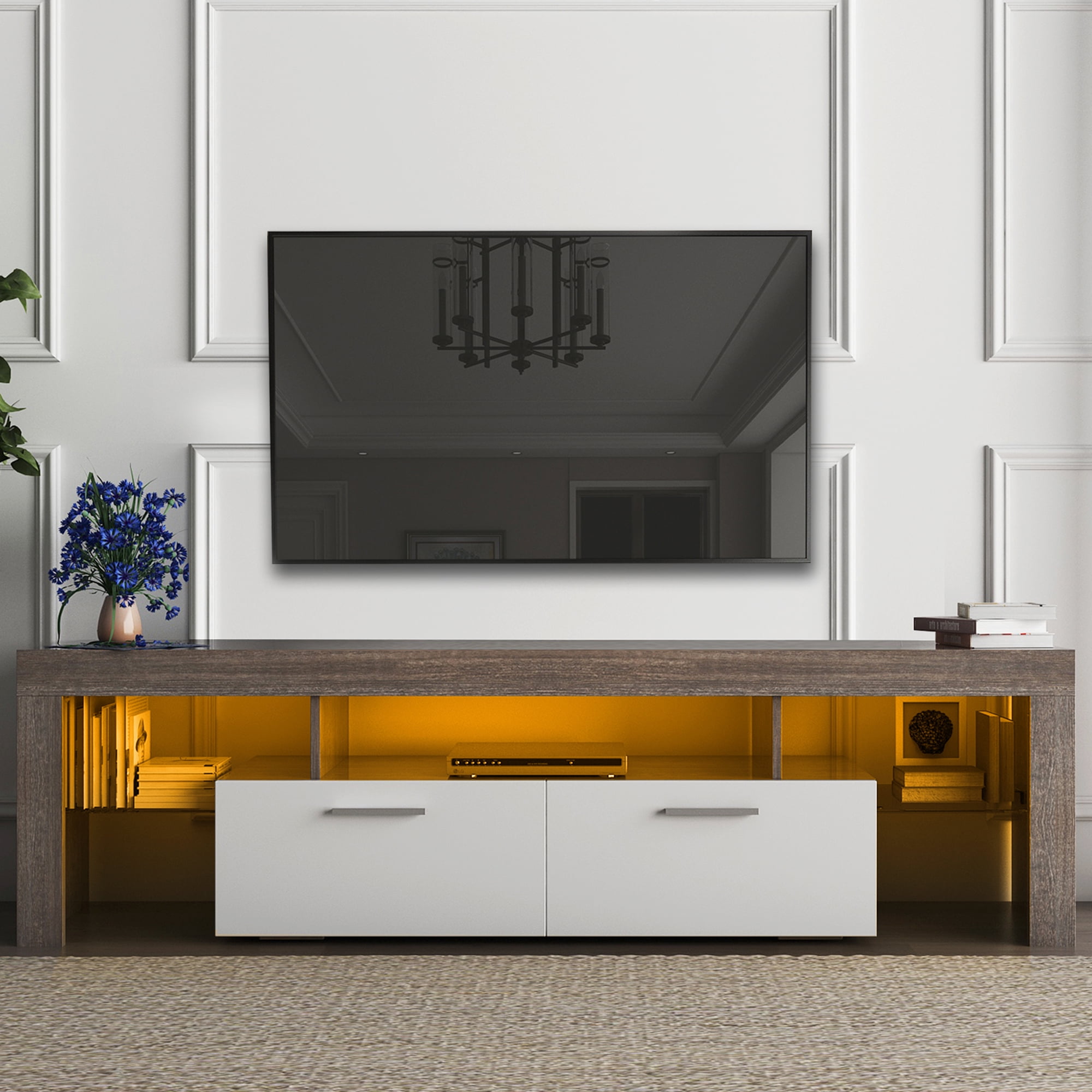 Brown+White TV Stand for 70 inch TV, Farmhouse Rustic Wooden Television ...