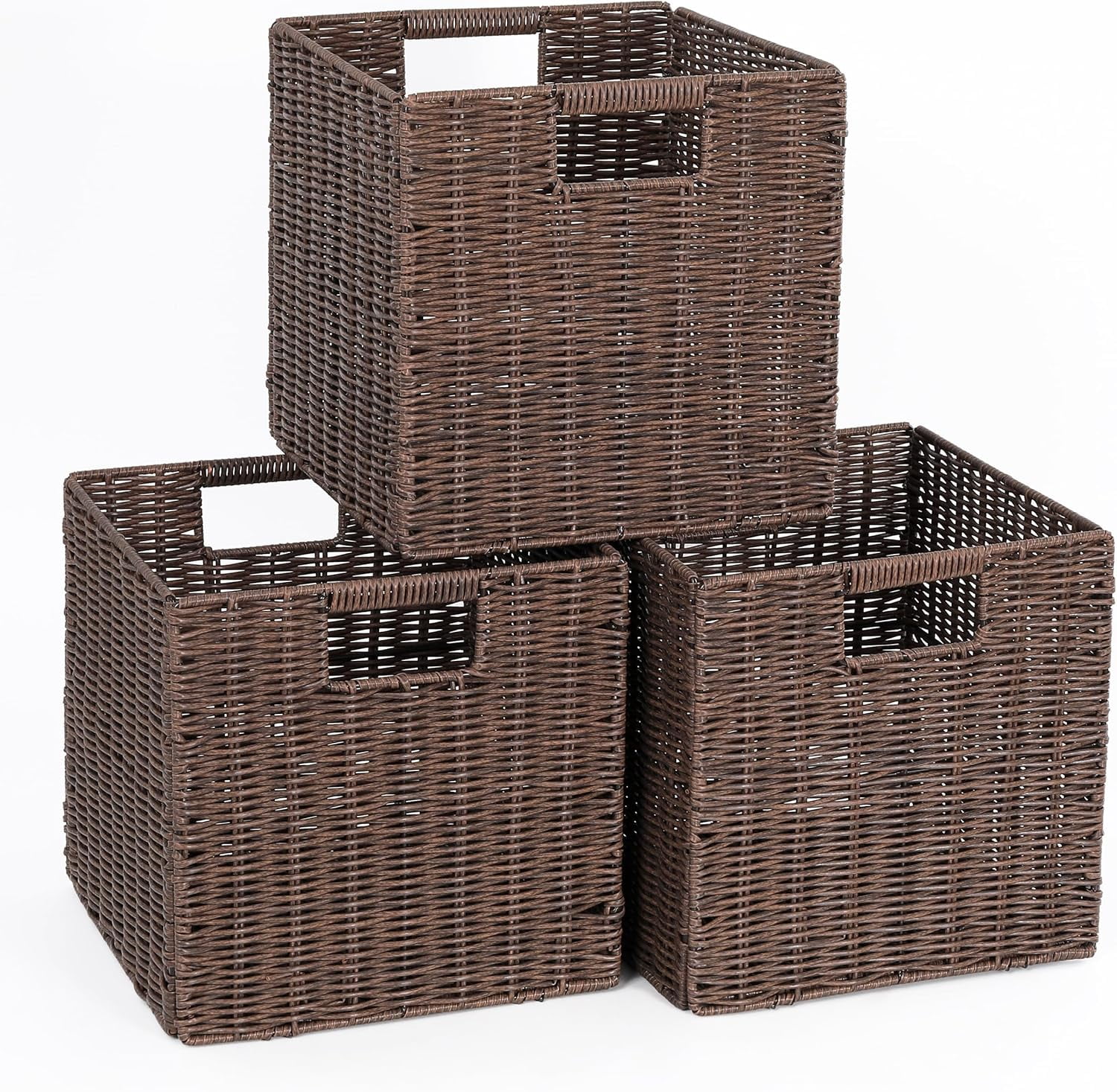 Brown Wicker Cube Storage Basket, 10.5x10.5 Foldable Woven Cube Storage ...