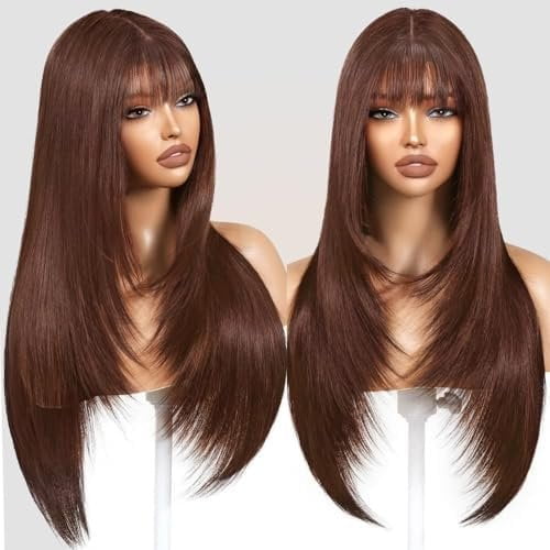 Brown Wig with Bangs Long Brown Wig Synthetic Heat-Resistant Hair ...
