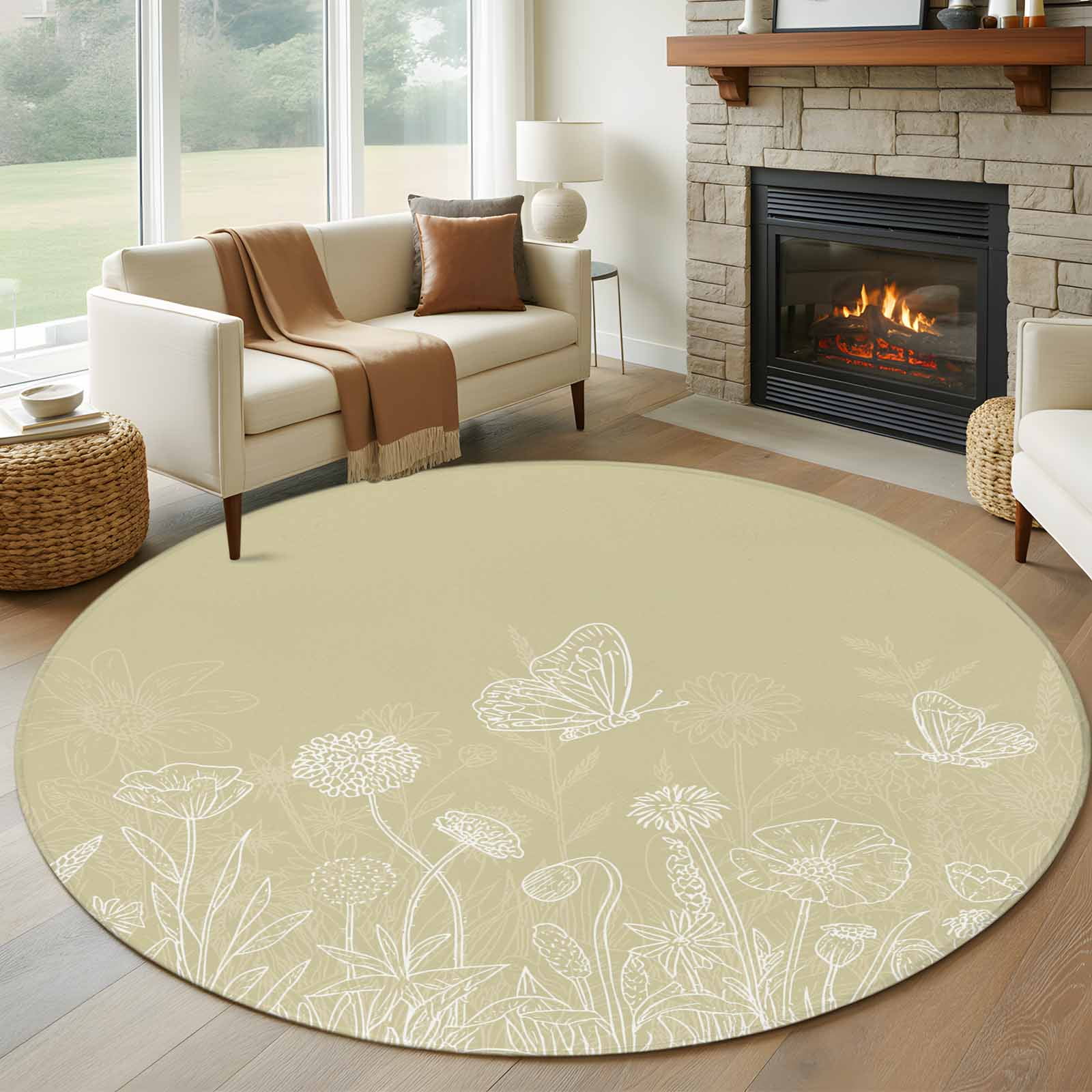 Brown Wildflowers Round Rug 5ft Washable Circle Kitchen Rugs Non Slip ...