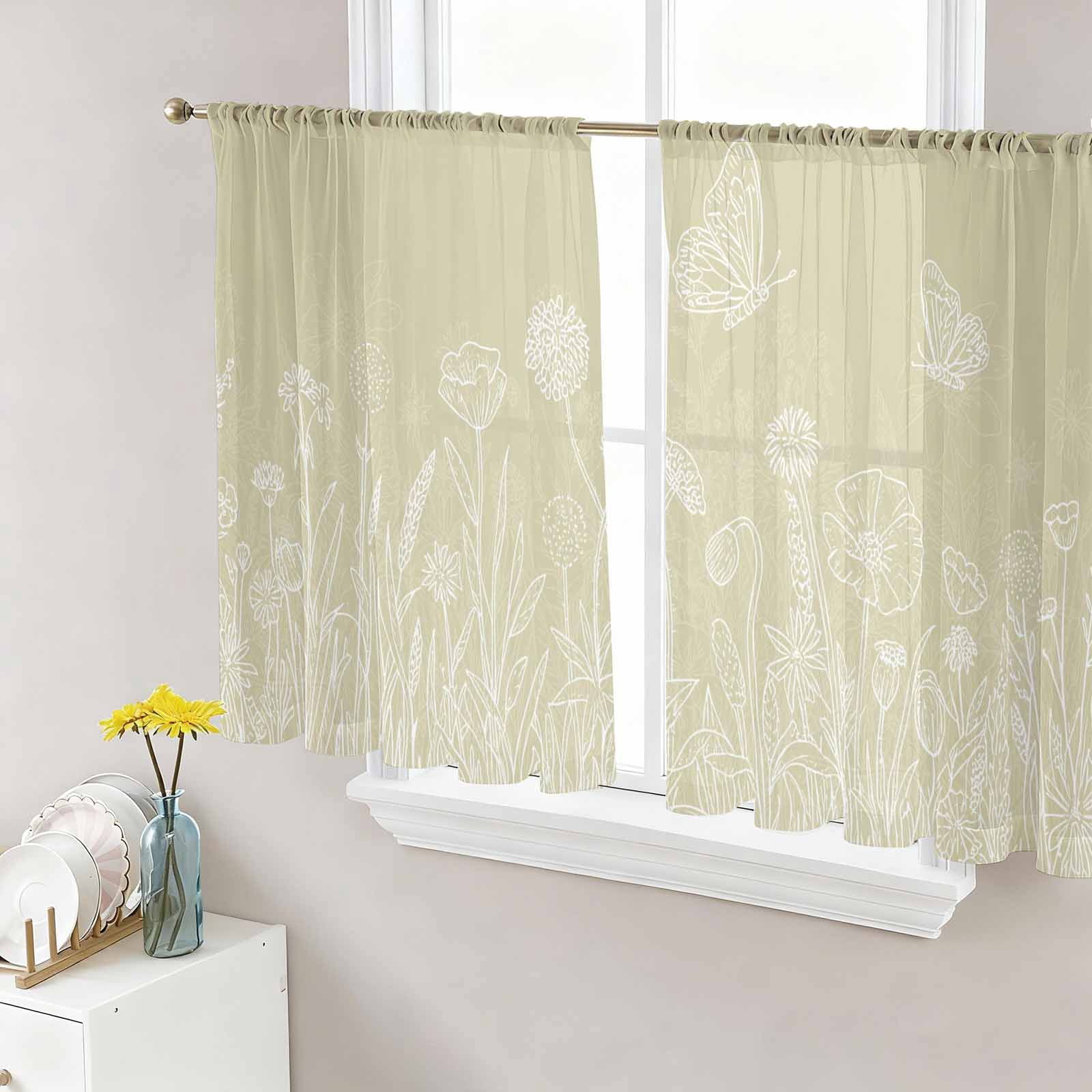 Brown Wildflowers Sheer Curtains 54 Inch Length 2 Panels for Living ...
