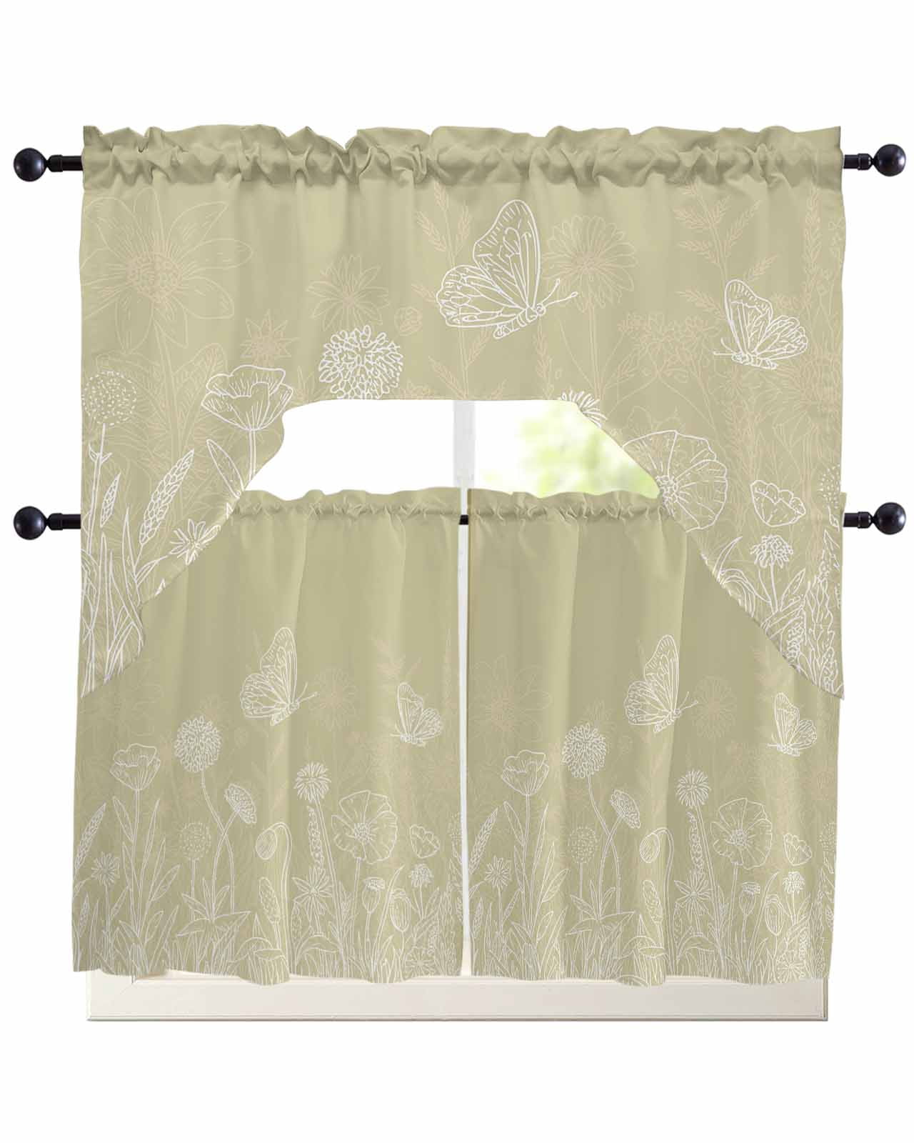 Brown Wildflowers Swag Kitchen Curtains Sets for Windows 24 Inch Length ...
