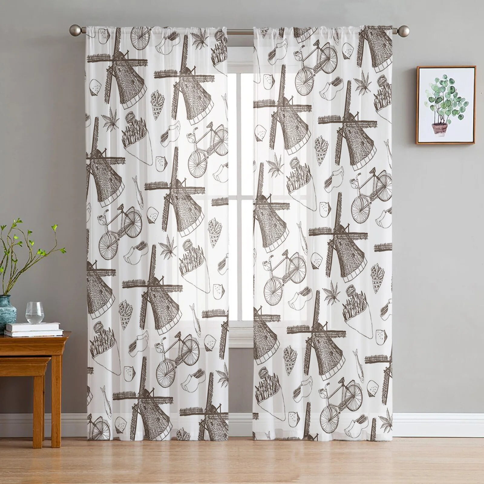 Brown Windmill Flower Cluster Bicycle Bedroom Transparent Sheer ...