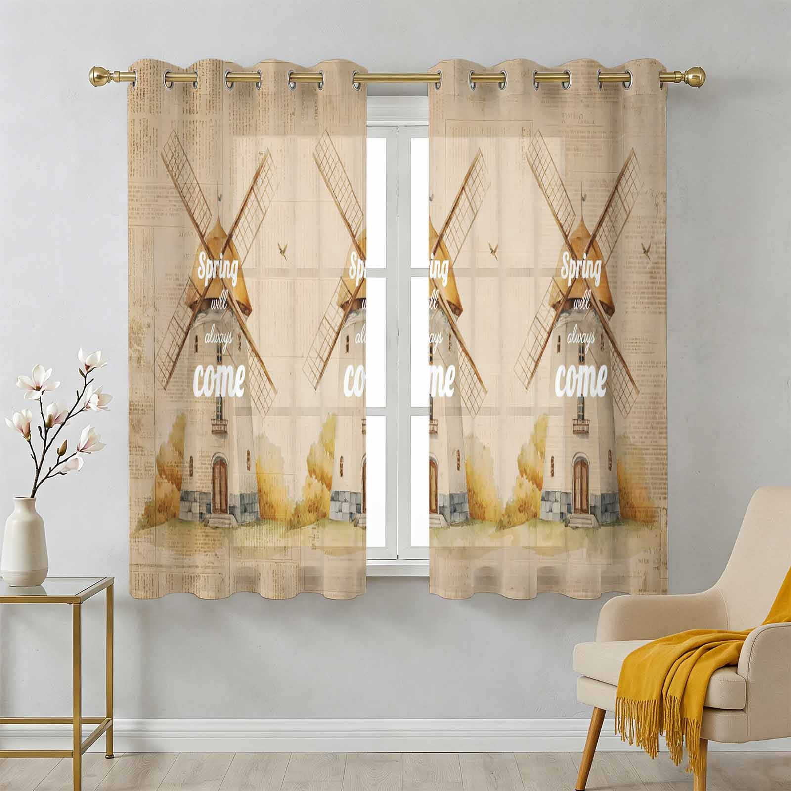 Brown Windmill Sheer Curtains 45 Inch Long 2 Panels, Spring Will Always ...