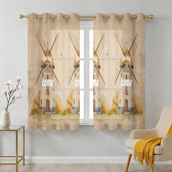 Brown Windmill Sheer Curtains 45 Inch Long 2 Panels, Spring Will Always ...
