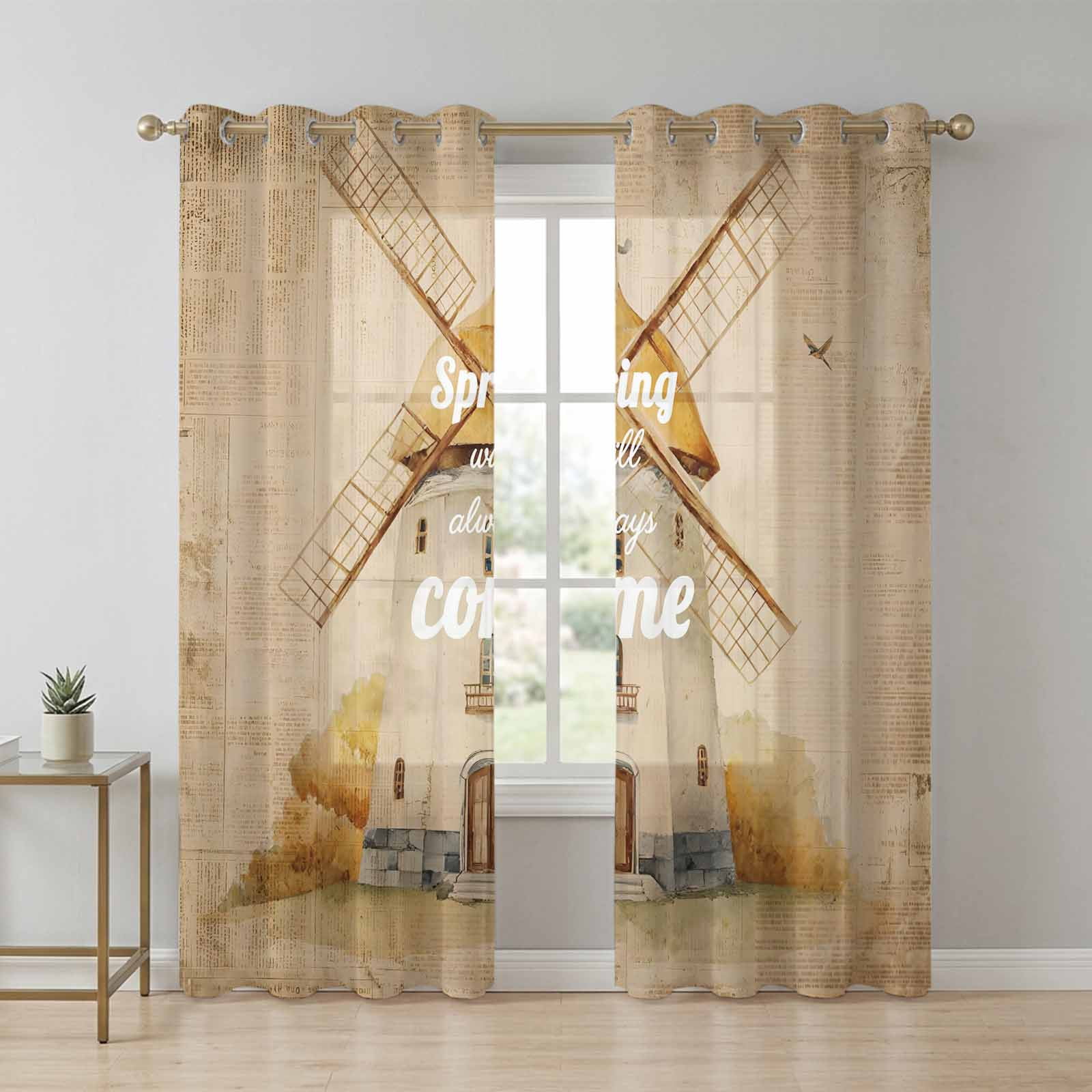 Brown Windmill Sheer Curtains 63 Inch Long 2 Panels, Spring Will Always ...