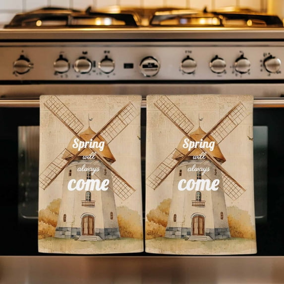 Brown Windmill Vintage Kitchen Towels Set of 4, Spring Will Always Come ...