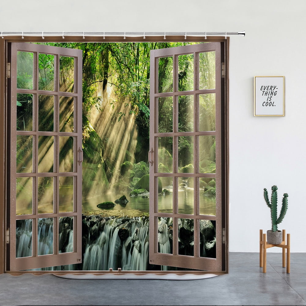 Brown Window Forest Waterfall Landscape Shower Curtain Sunshine Spring ...