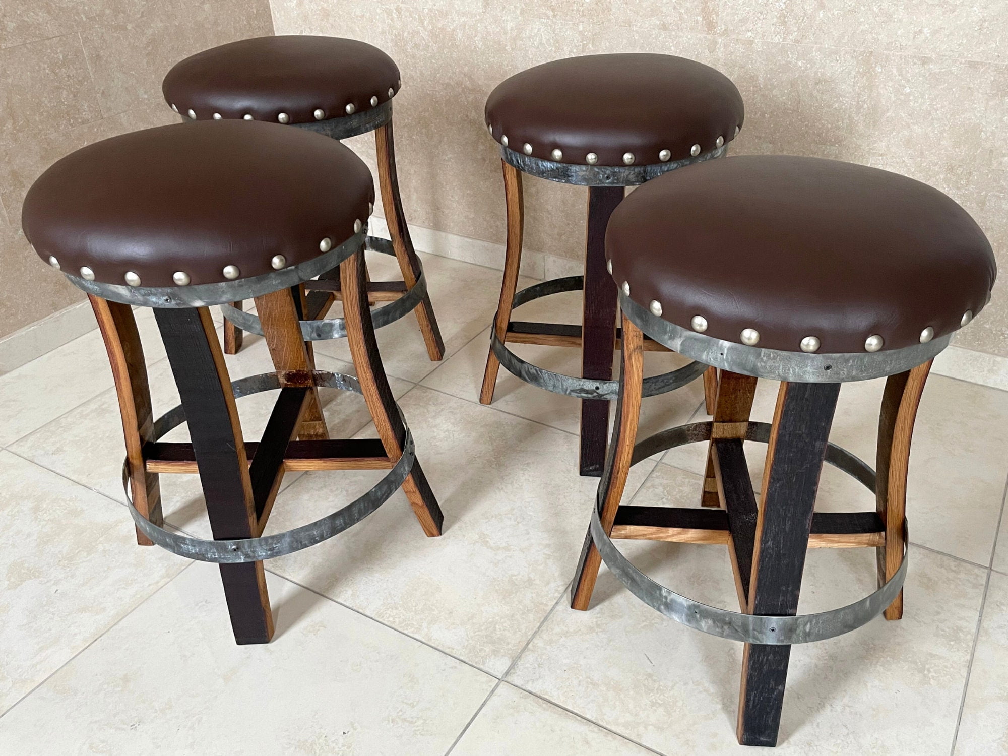 Brown Wine Barrel Bar Stool - Whiskey Barrel Stave Pub Stool - Counter ...