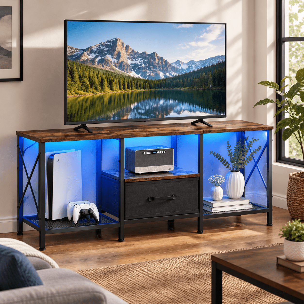 Brown With Led Light TV Stand For 50 55 Inch TVs With Fabric Drawer And ...