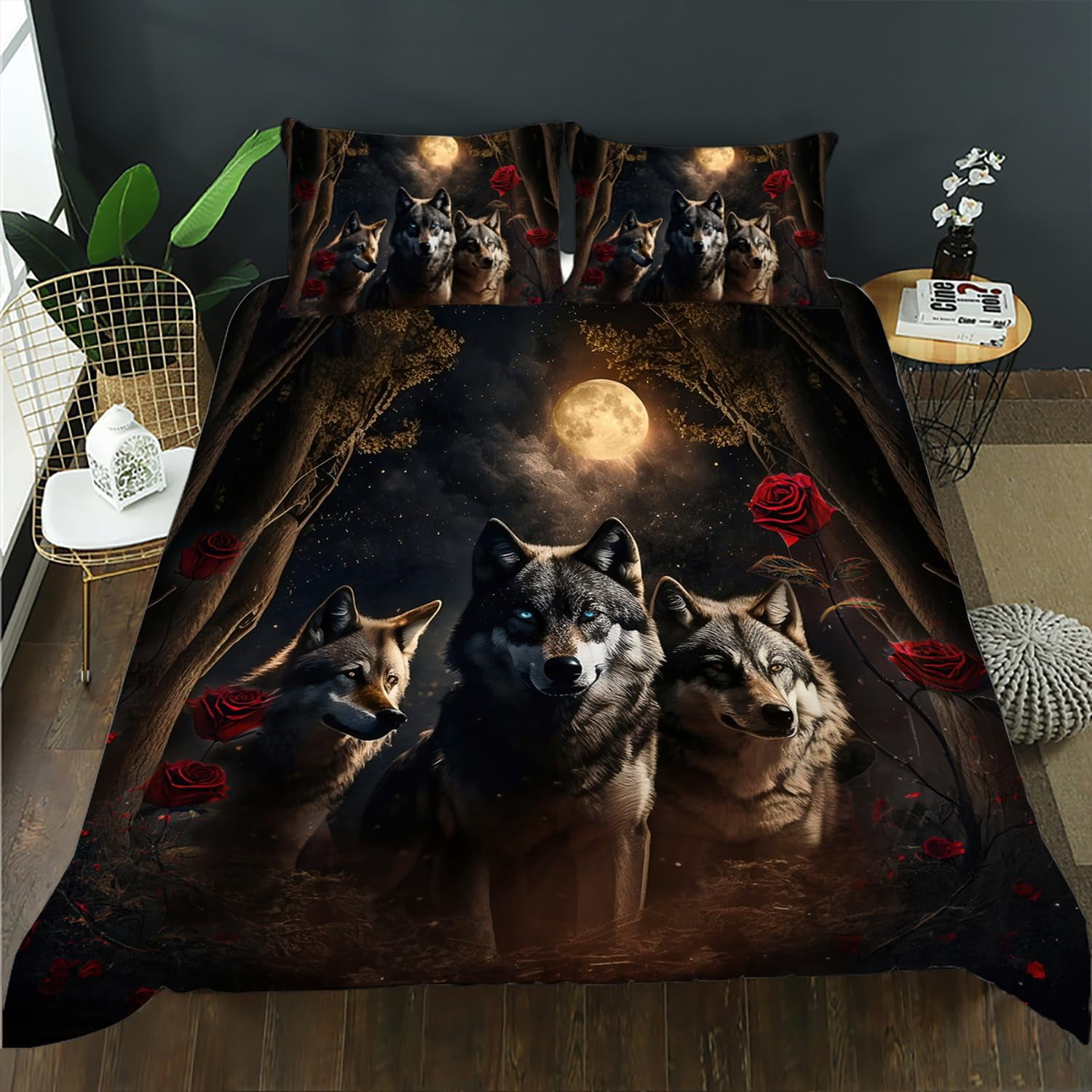 Brown Wolf Duvet Cover Set,Evening Moon Wolf Boys Bedding Set,Red Rose ...