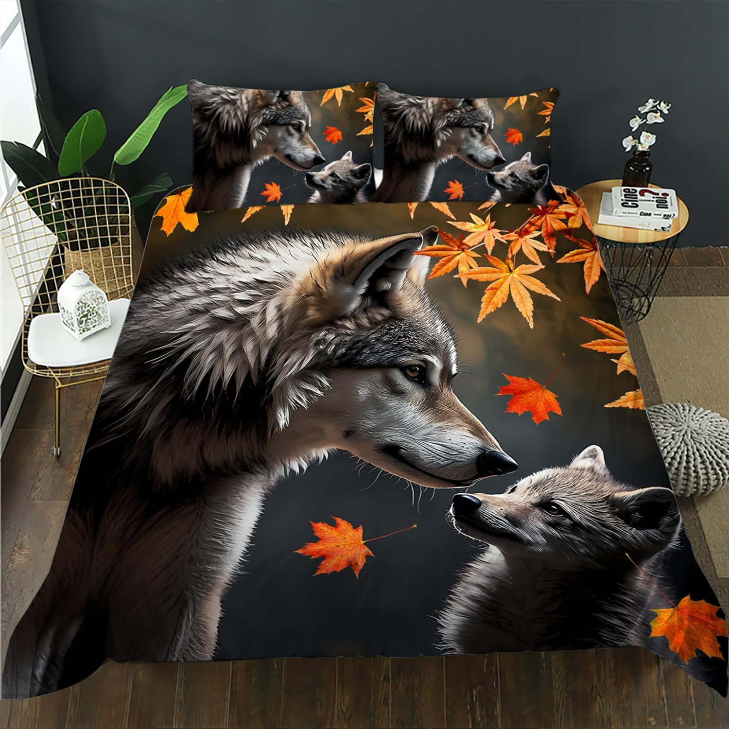 Brown Wolf Duvet Cover Set, Wolf Father and Son Pattern Bedding Set ...