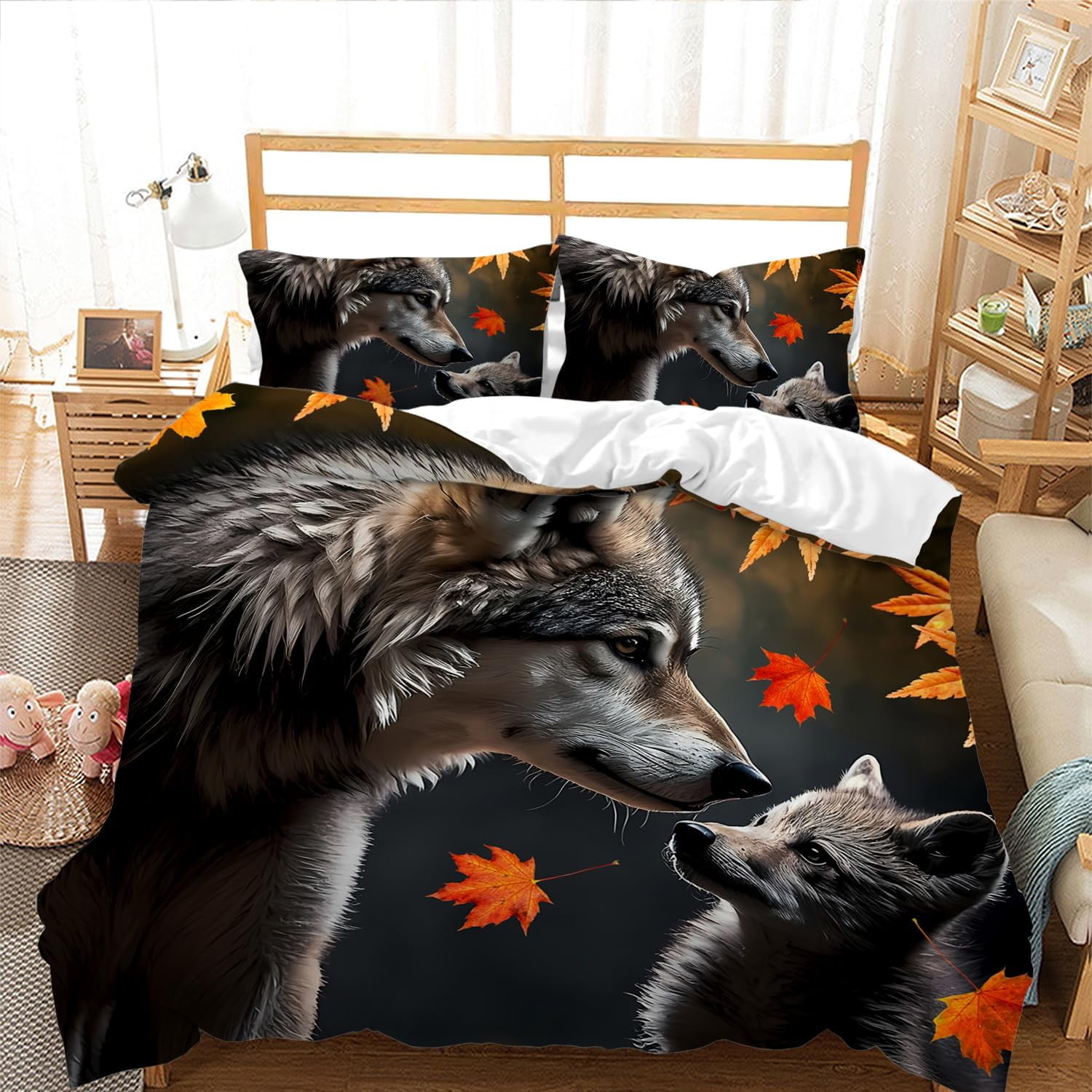 Brown Wolf Duvet Cover Set,Wolf Father and Son Pattern Bedding Set,Fall ...