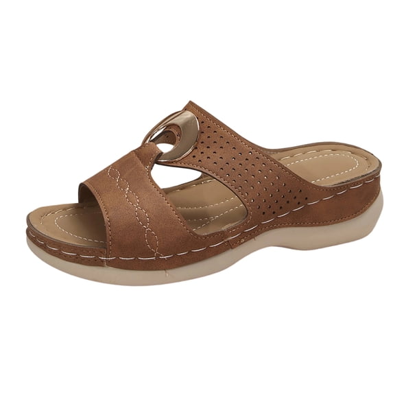 Brown Women 2026 Summer Metal Buckle Wedge Heel Beach Slip On Sandals ...