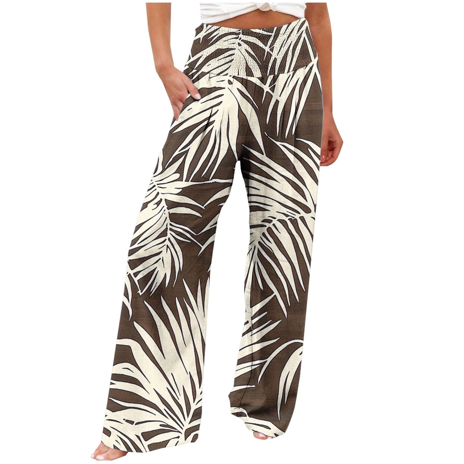 Brown Women Graphic Loose Fit Trousers Pants for Women Faux Linen ...